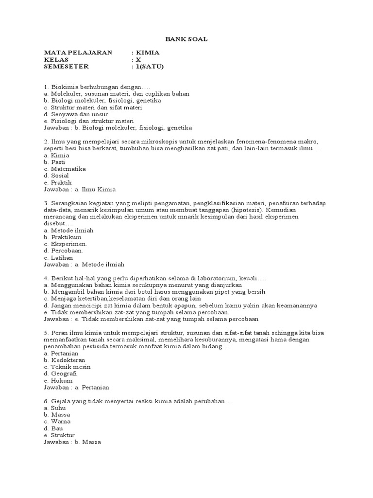 Soal Kimia Kelas X Semester 1 | PDF
