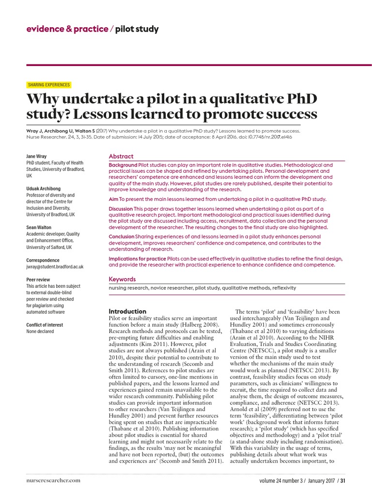 Why Undertake A Pilot in A Qualitative PHD Study? Lessons Learned To Promote Success | PDF ...