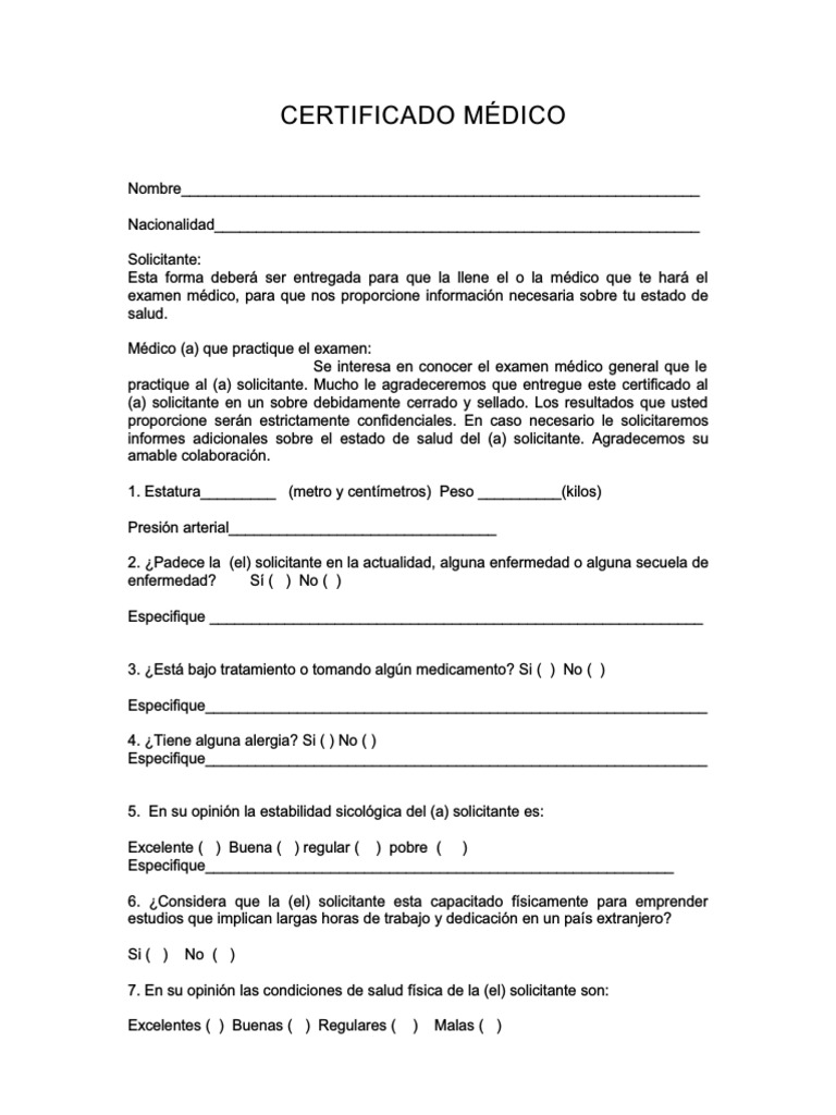 Examen Medico Formato | PDF | Ciencias de la Salud | Medicina