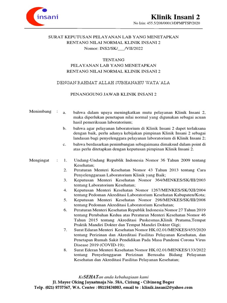 SK Pelayanan Lab Yang Menetapkan Rentang Nilai Normal | PDF SK Pelayanan Lab Yang Menetapkan Rentang Nilai Normal | PDF