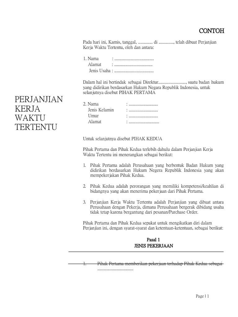 Contoh Draf PKWT 1 Versi PP 35 2021 (UU Cipta Kerja) | PDF
