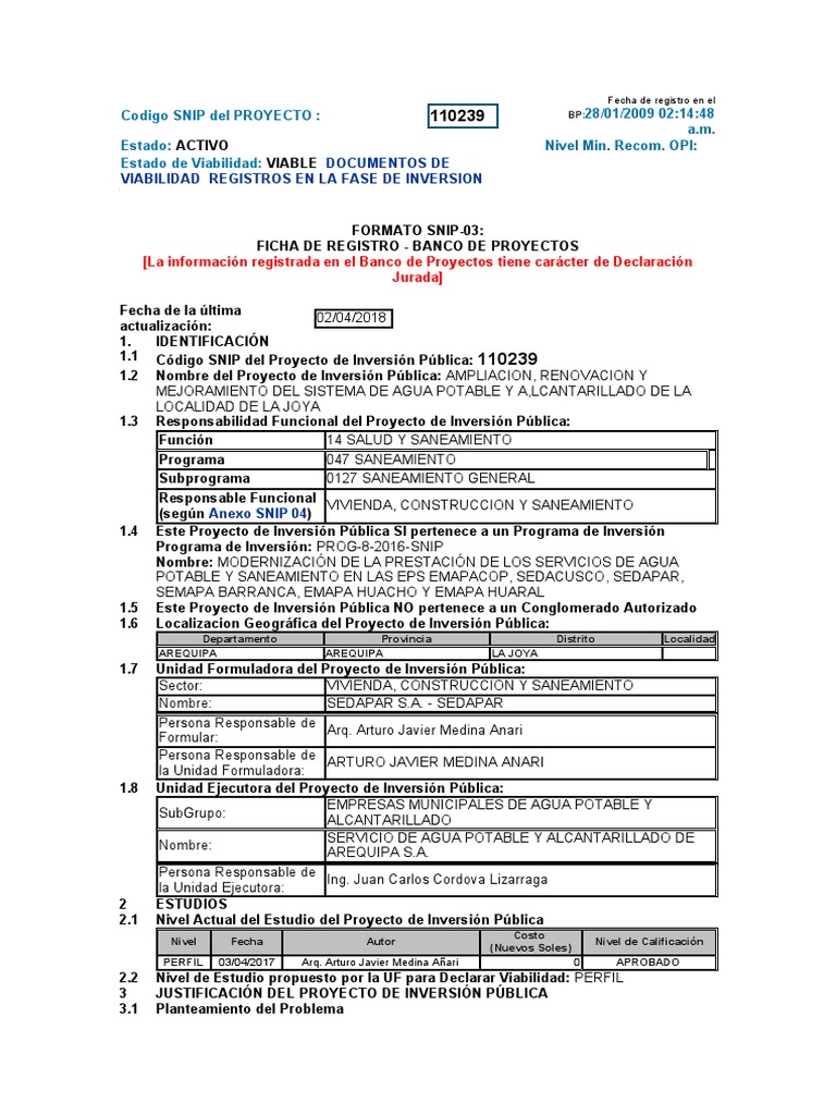 Codigo SNIP Del PROYECTO | PDF | Alcantarillado | Ingeniería Ambiental