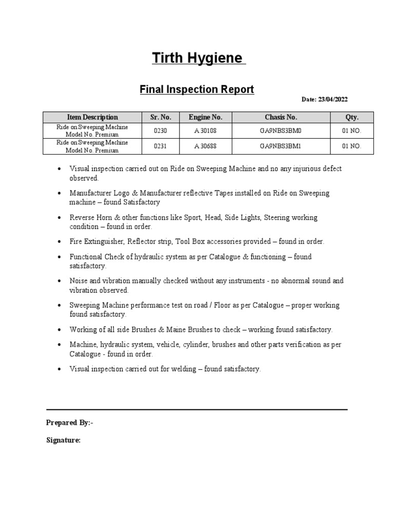 Vendor Inspection Report | PDF