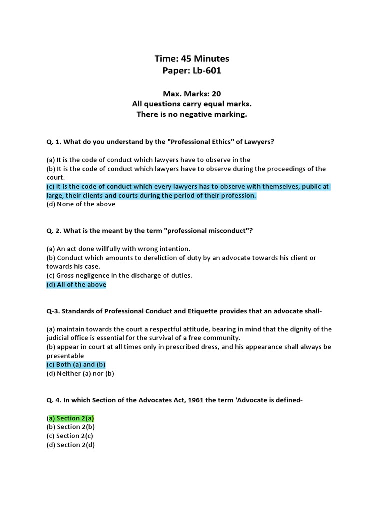 Professional Ethics MCQ 1-50 | PDF | Advocate | Lawsuit