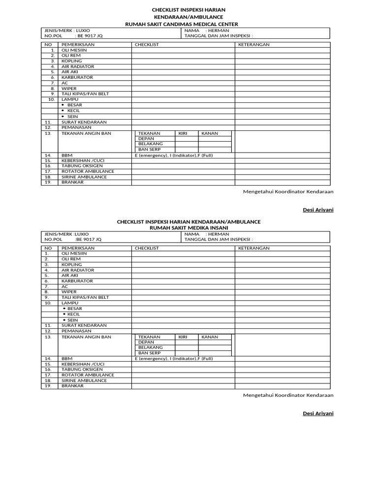 CHECKLIST INSPEKSI HARIAN KENDARAAN AMBULANCE-1 JADI-dikonversi ...