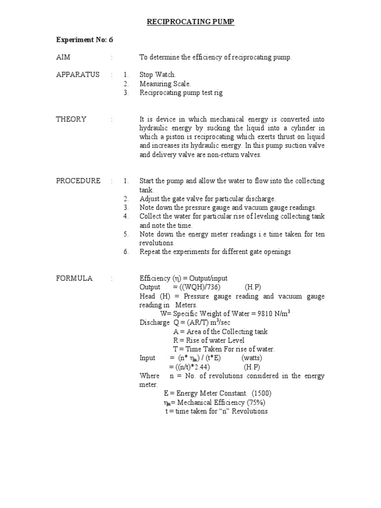 Reciprocating Pump Experiment No: 6 | Download Free PDF | Pump ...