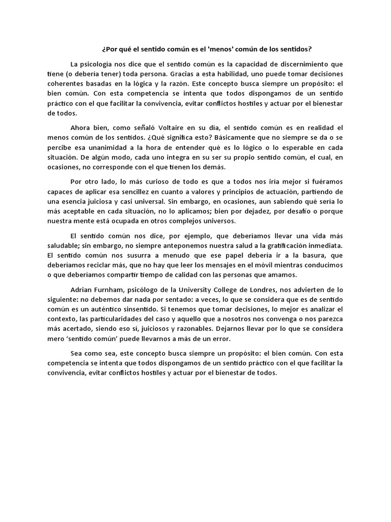El sentido común: ¿realmente común? | PDF | Sentido común | Sicología