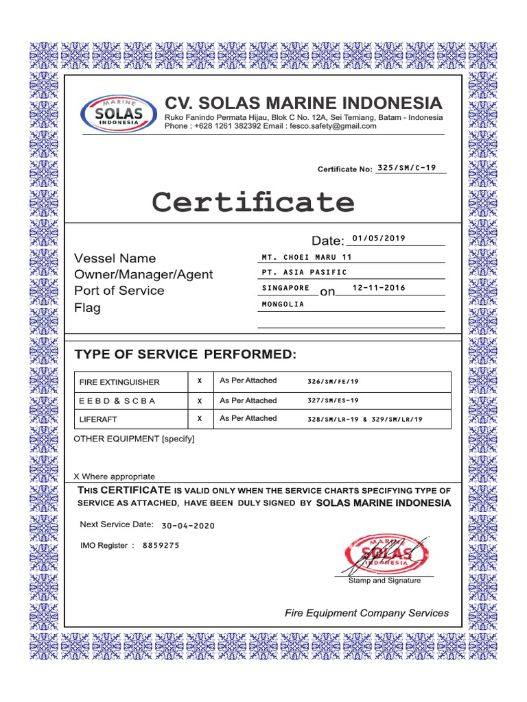Certificate: Cv. Solas Marine Indonesia | PDF | Valve | Equipment