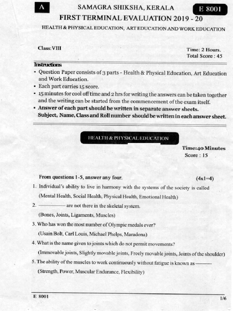 Kerala Class 8 First Term Onam Exam Question Paper 2019 - Art, WE, Physical Education (EM) | PDF