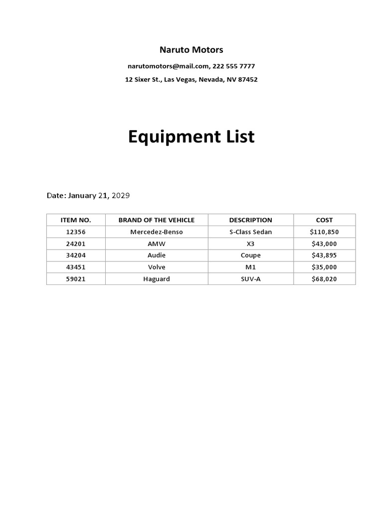 2029 Vehicle Price List Template | PDF