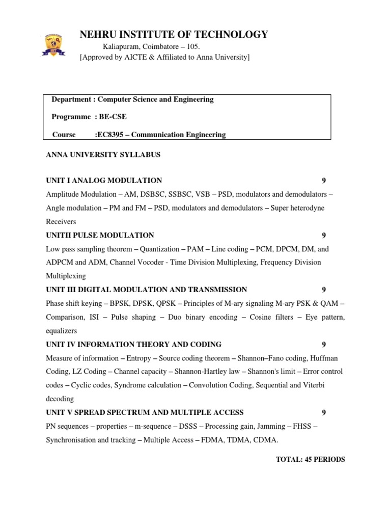 Communication Engineering Syllabus 2020 | PDF | Engineering | Modulation