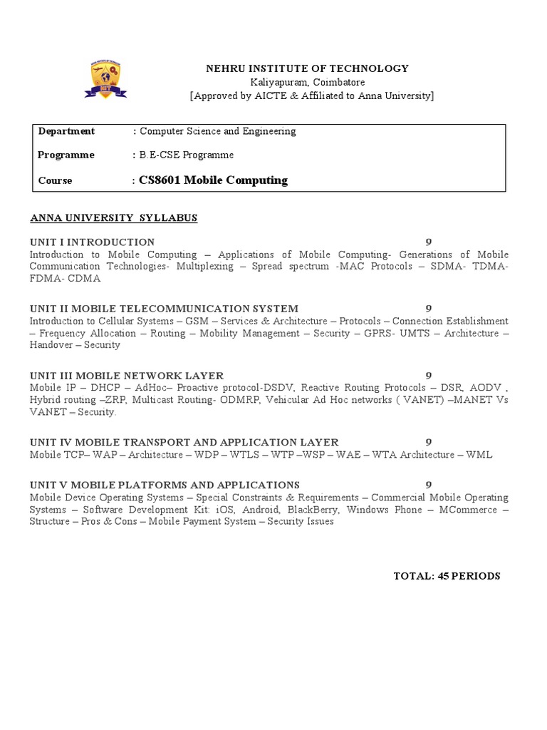 Mobile Computing Course Syllabus | PDF | Cellular Network | Engineering