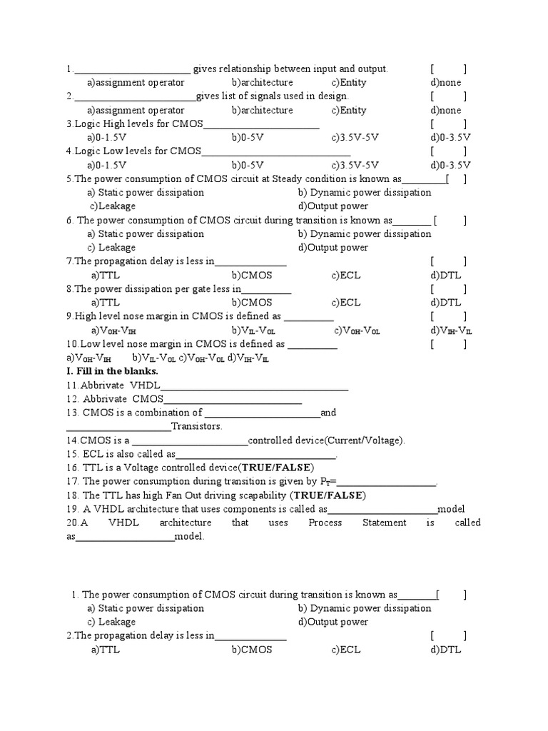 CMOS and VHDL Fundamentals Multiple Choice Question Practice Test | PDF ...