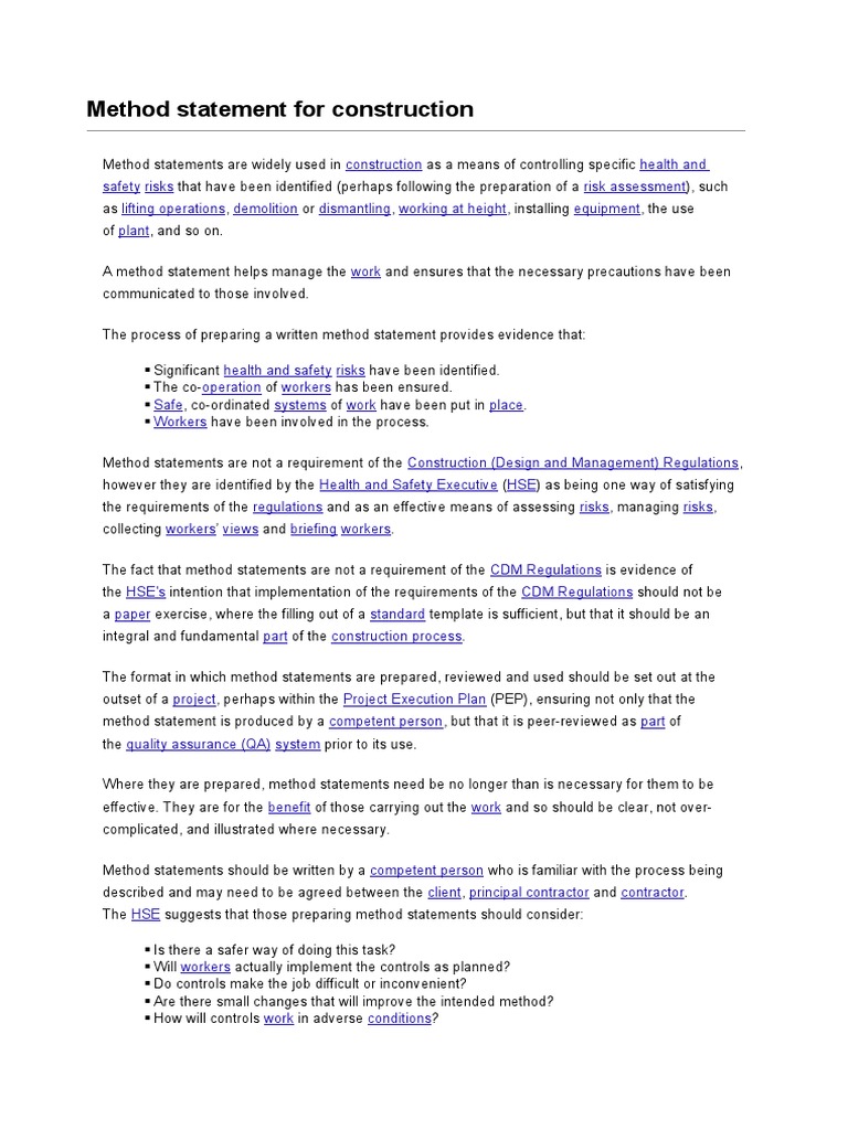 Method Statement For Construction | PDF | Risk Assessment | Risk