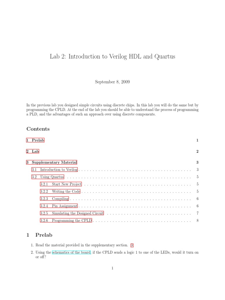 Lab 2: Introduction To Verilog HDL and Quartus: September 8, 2009 | PDF | Hardware Description ...