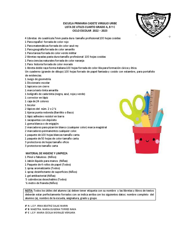 Lista de Utiles 4° Abc 2022-2023 | PDF