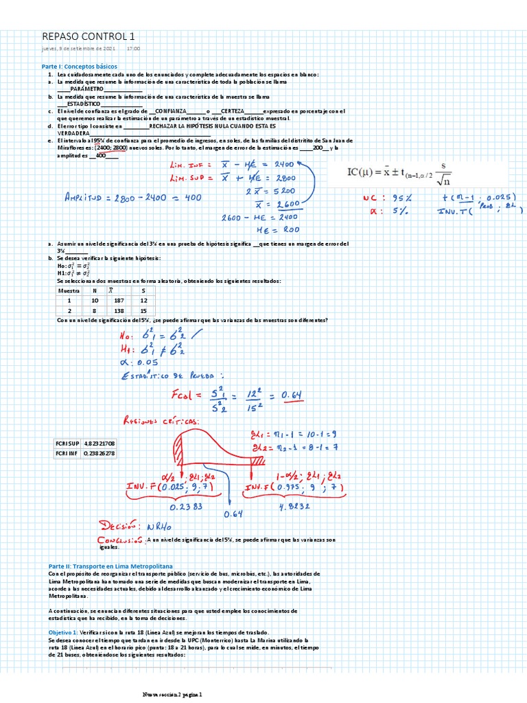 Repaso 3 Control 1 - Infe | PDF | Muestreo (Estadísticas) | Margen de error