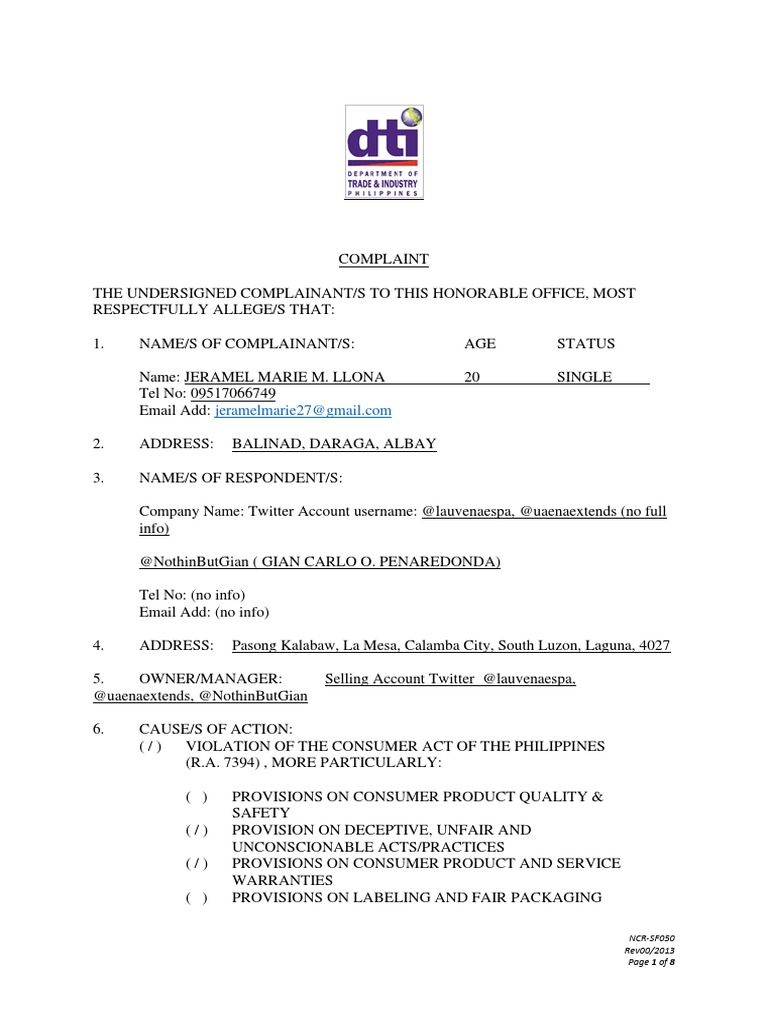40 NCR-SF050 - Complaint Form | PDF | Justice | Crime & Violence