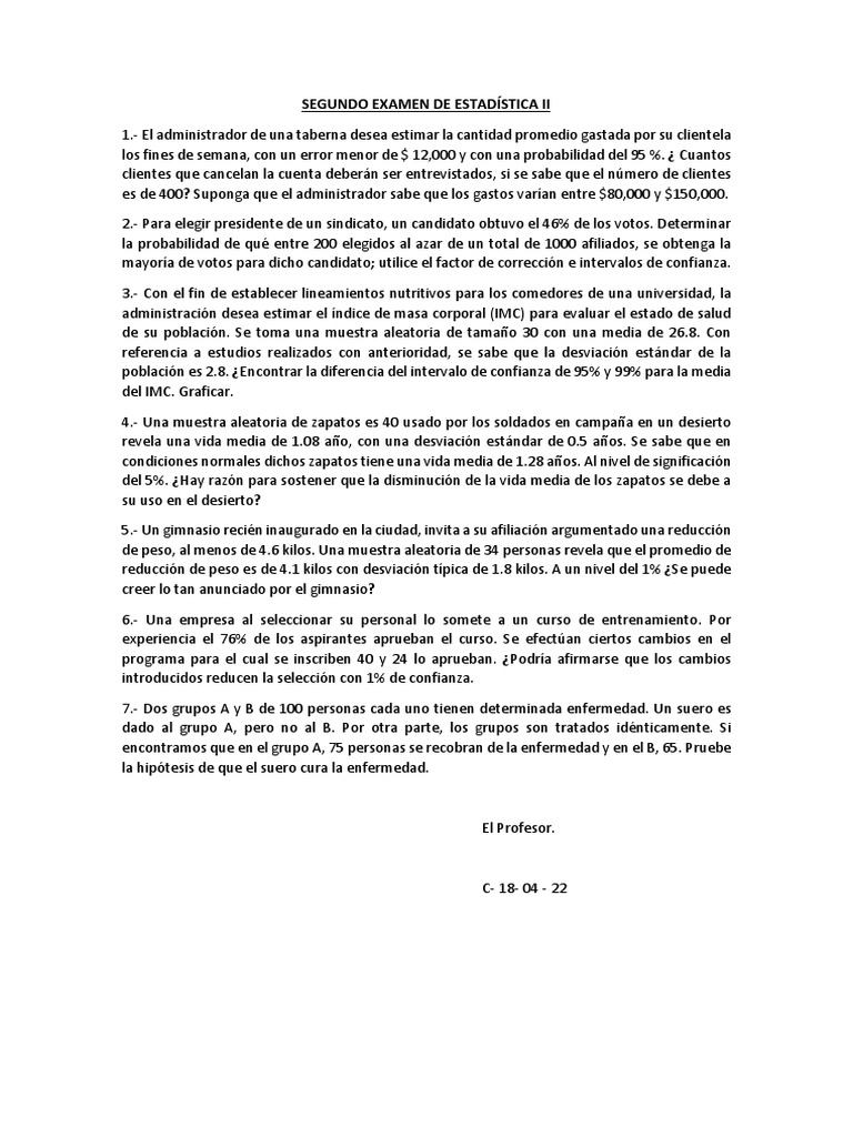 Seg Exam Est-II - 22-I | PDF | Desviación Estándar | Intervalo de confianza