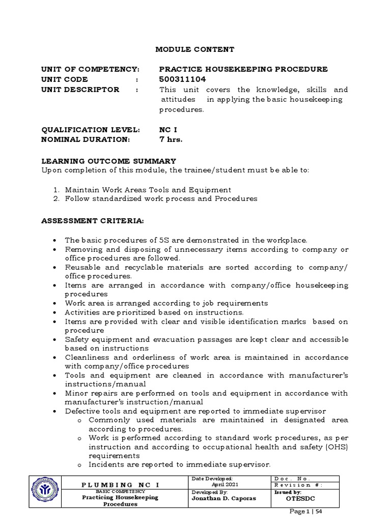 Module Content Unit of Competency: Practice Housekeeping Procedure Unit ...