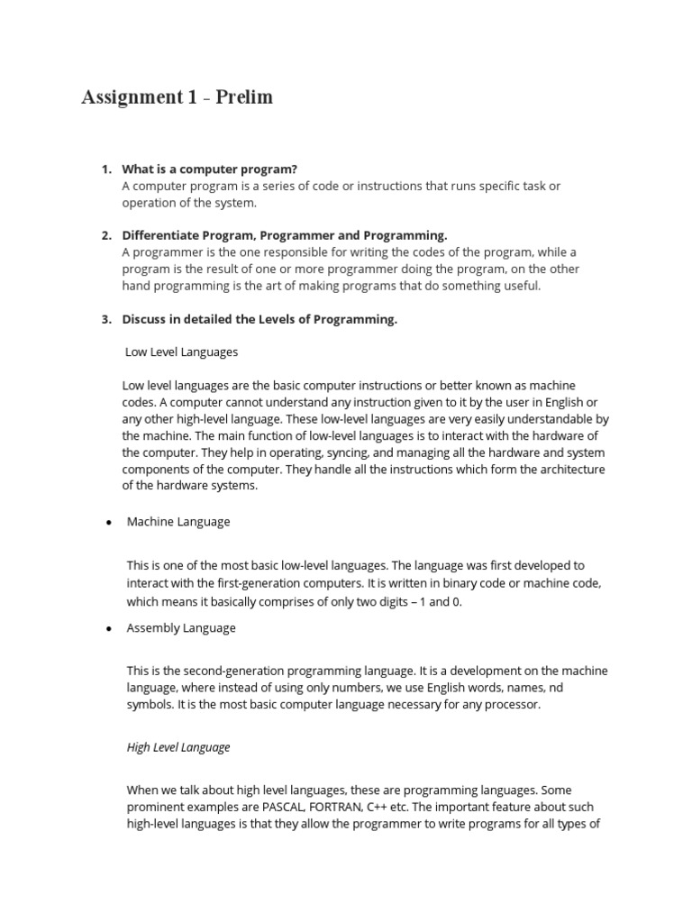 Assignment 1 - Prelim: 1. What Is A Computer Program? | Download Free ...