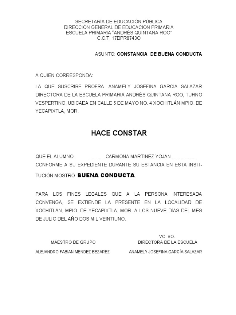 FORMATO CARTA DE BUENA CONDUCTA Word | PDF