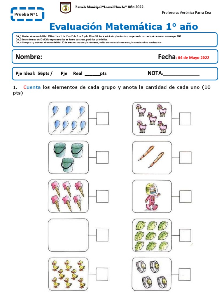 Prueba N° 1 - Cuad1 y 2 - Contar 1 en 1 y 2 en 2 - Leer Del 0 Al 10 ...