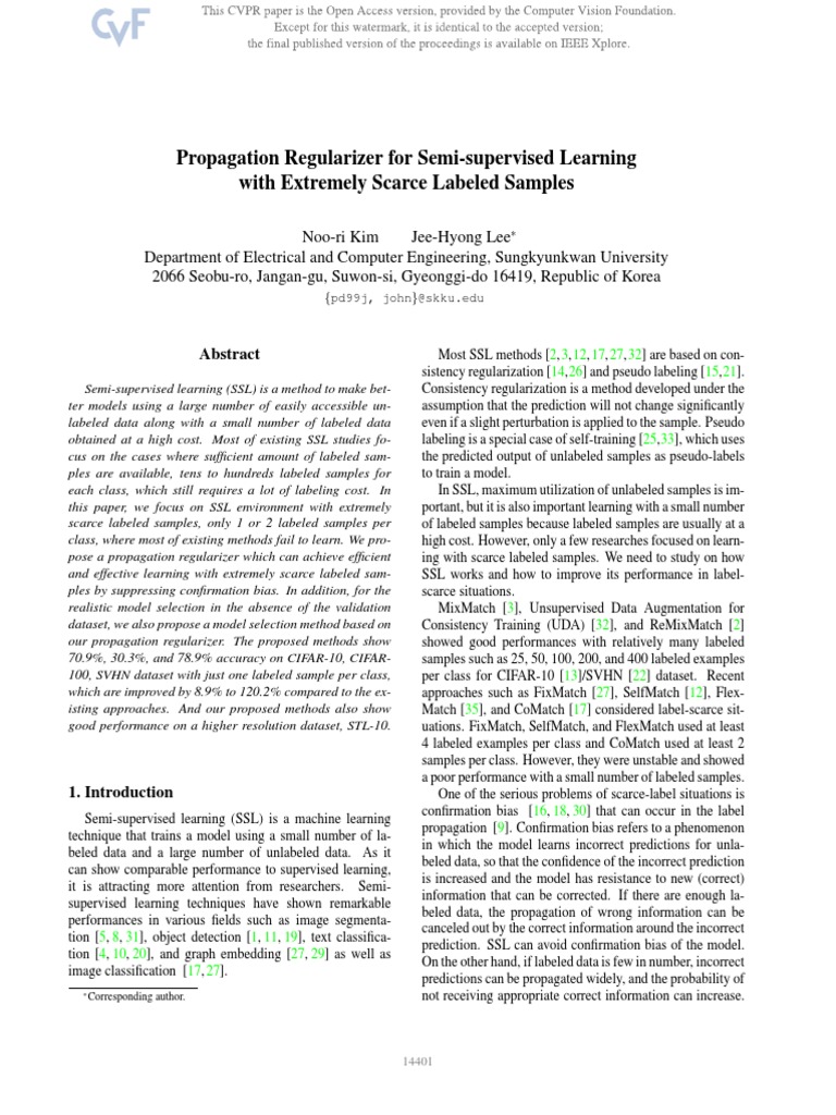 Kim Propagation Regularizer For Semi-Supervised Learning With Extremely Scarce Labeled Samples ...