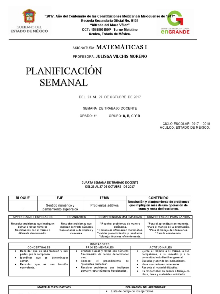 Planificación semanal de Matemáticas I para el primer grado de la ...