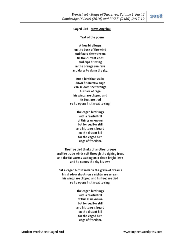 Worksheet: Songs of Ourselves, Volume 1, Part 3 Cambridge O' Level ...