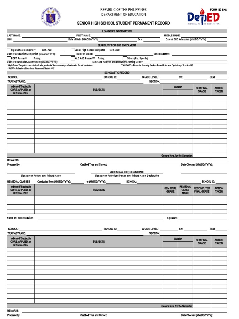 Senior High School Student Permanent Record: Republic of The ...