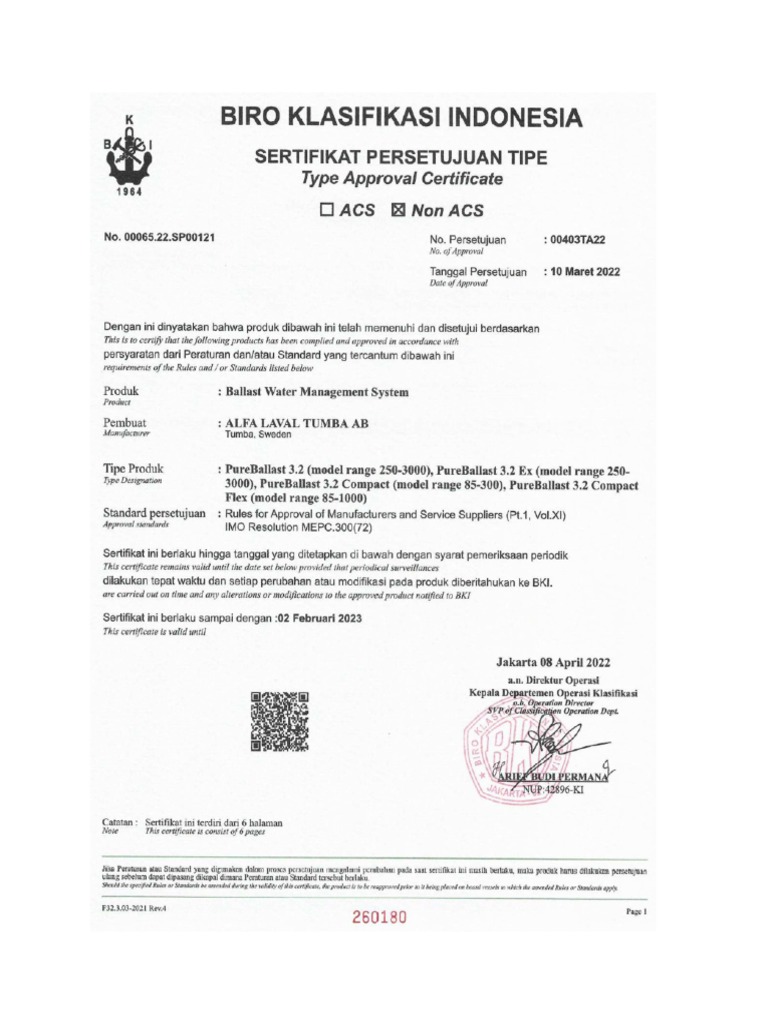 Alfa Laval BWTS BKI Certificate | PDF