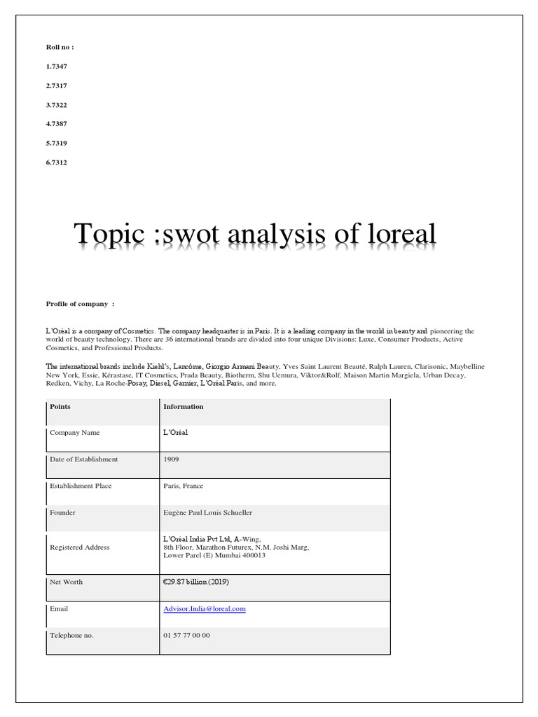 Swot Analysis of Loreal | PDF | Cosmetics | Business