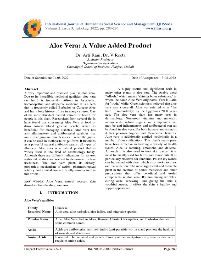 Aloe Vera A Value Added Product | PDF | Candidiasis