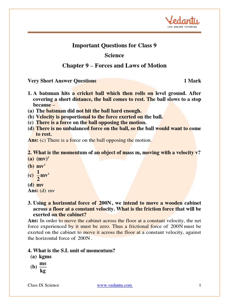 Important Questions For CBSE Class 9 Science Chapter 9 | PDF | Force ...