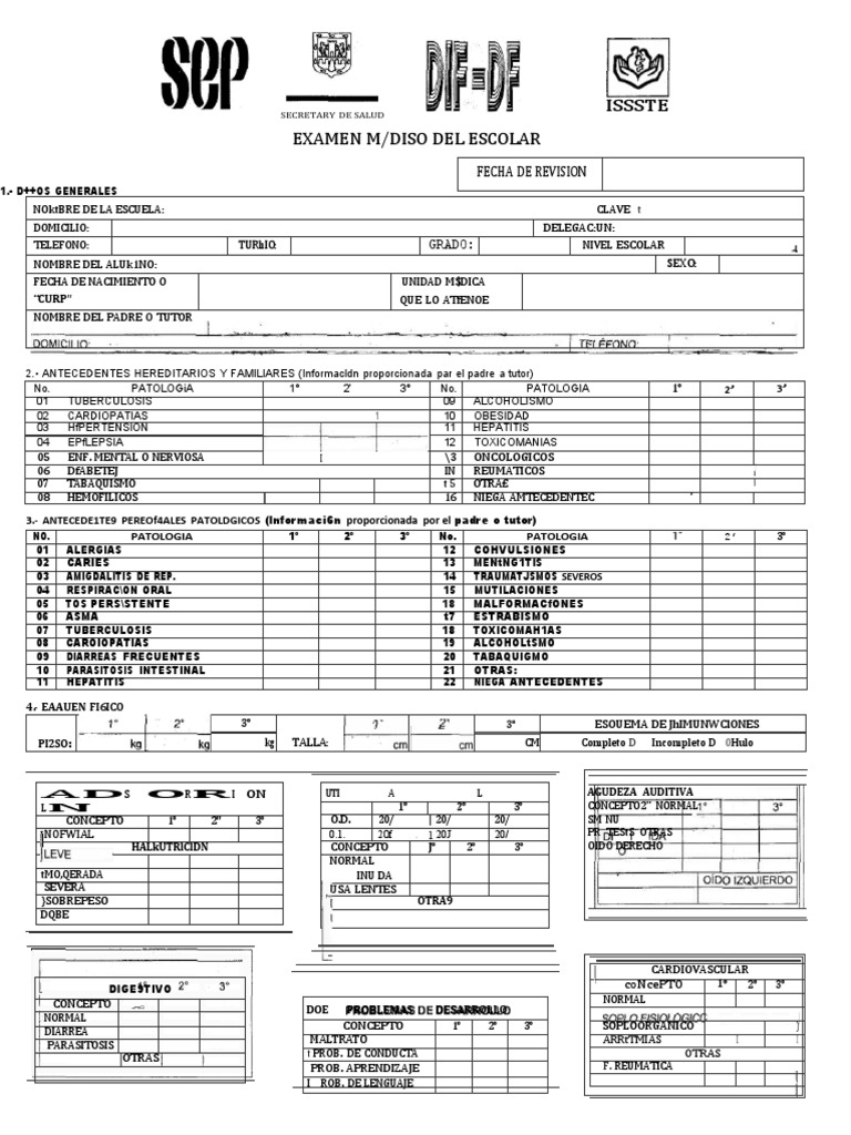 Examen Medico Escolar Formato Sep | PDF | Ciencias de la Salud | Enfermedades y trastornos