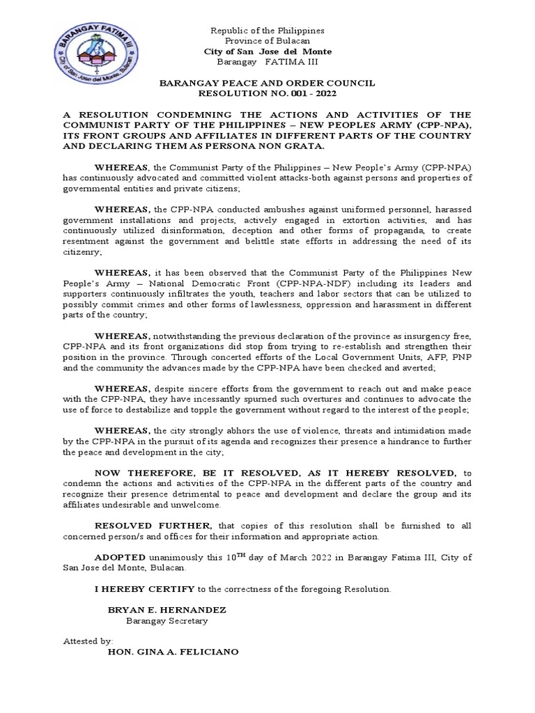 Template BPOC Resolution Re Persona Non Grata | PDF | Government