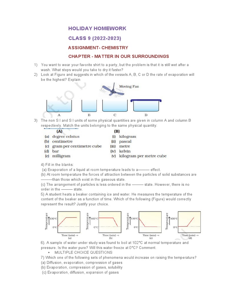 Holiday Homework CLASS 9 (2022-2023) : Assignment-Chemistry Chapter - Matter in Our Surroundings ...