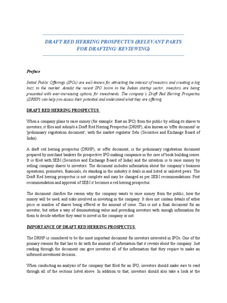Draft Red Herring Prospectus Reading Material | PDF | Initial Public ...