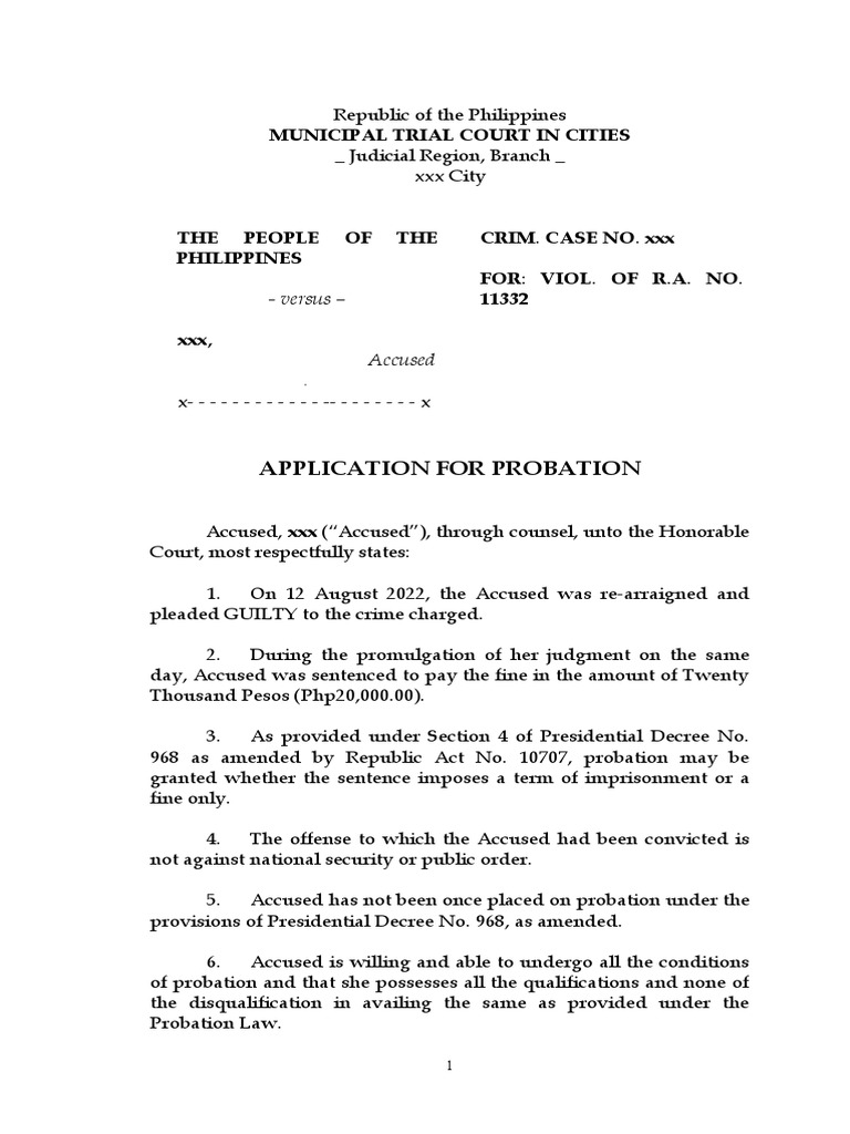 Application For Probation Smaple | PDF | Probation | Misconduct