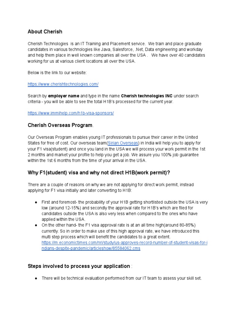 Cherish Overseas Program | PDF | H 1 B Visa | Business
