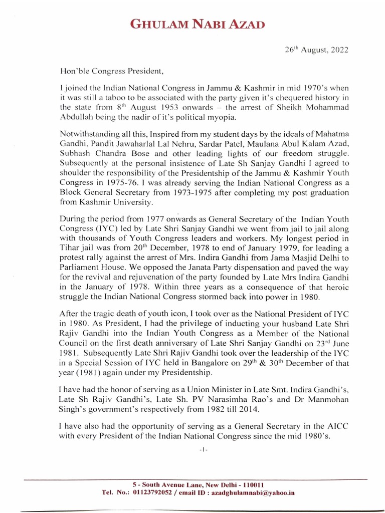 Ghulam Nabi Azad Letter | PDF