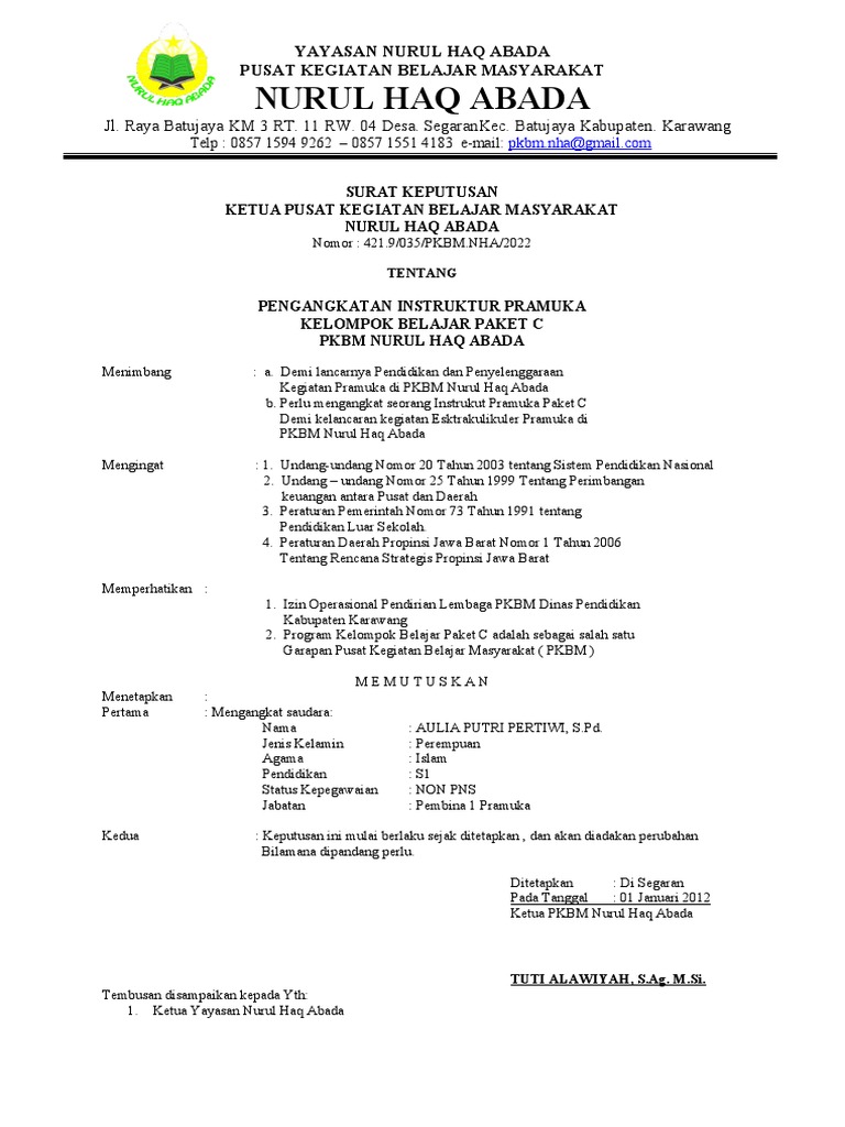 Pengangkatan Instruktur PKBM | PDF