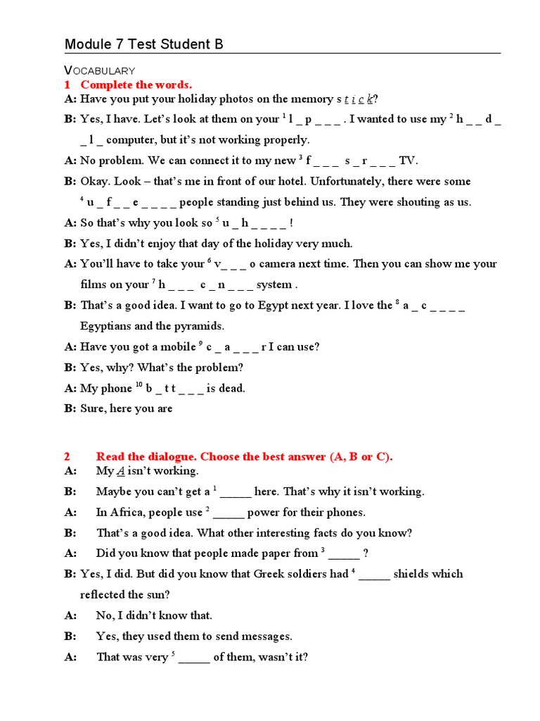 Module 7 Test Student B: 1 Complete The Words | PDF