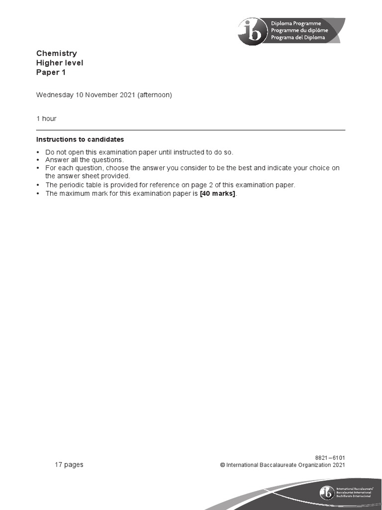 Chemistry Higher Level Paper 1: Instructions To Candidates | PDF ...