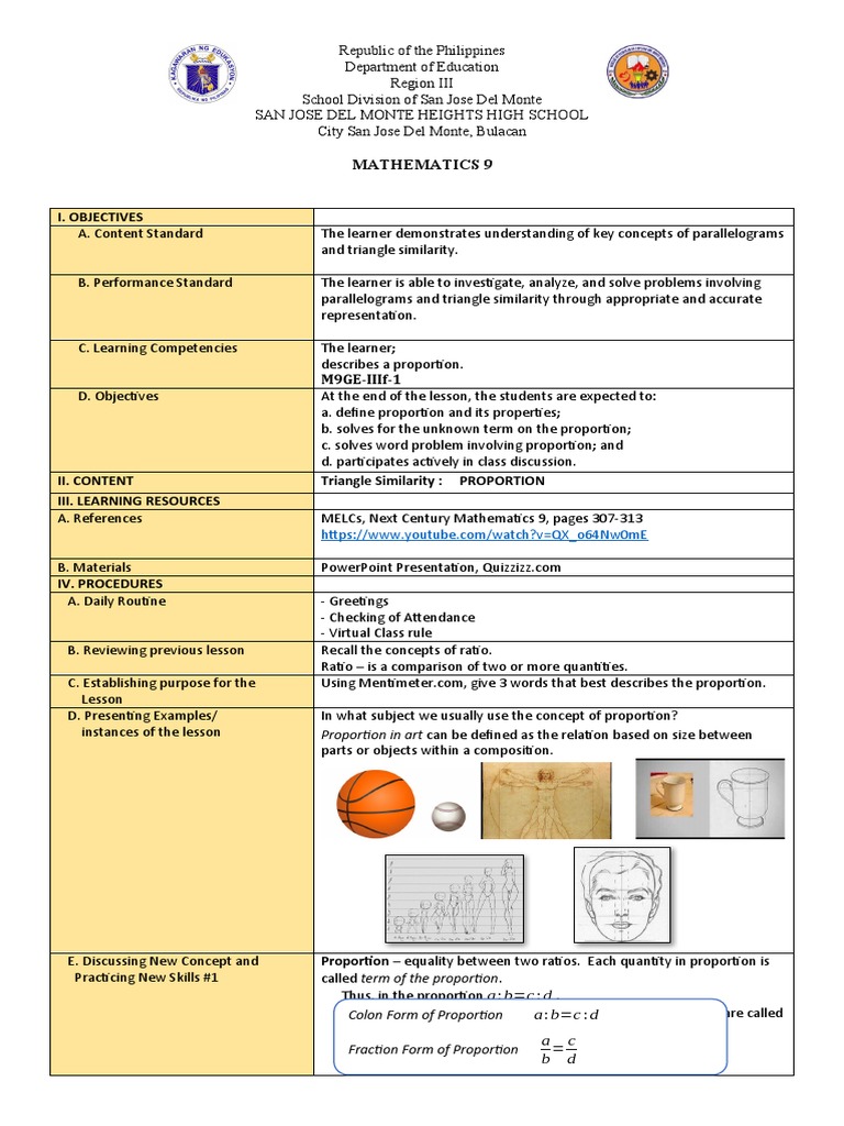 Lesson Plan in Proportion | PDF | Ratio | Multiplication