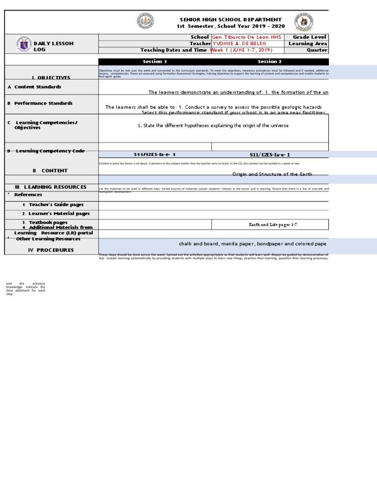 DLL Earth and Life Science | PDF | Learning | Teachers