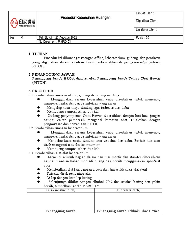 A. Prosedur Kebersihan Ruangan | PDF