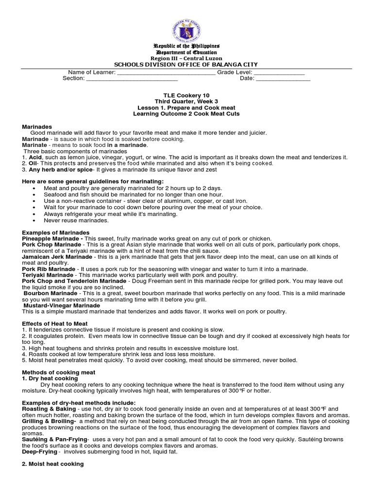 Cookery10 Week3 5 Q4 Pdf Grilling Marination