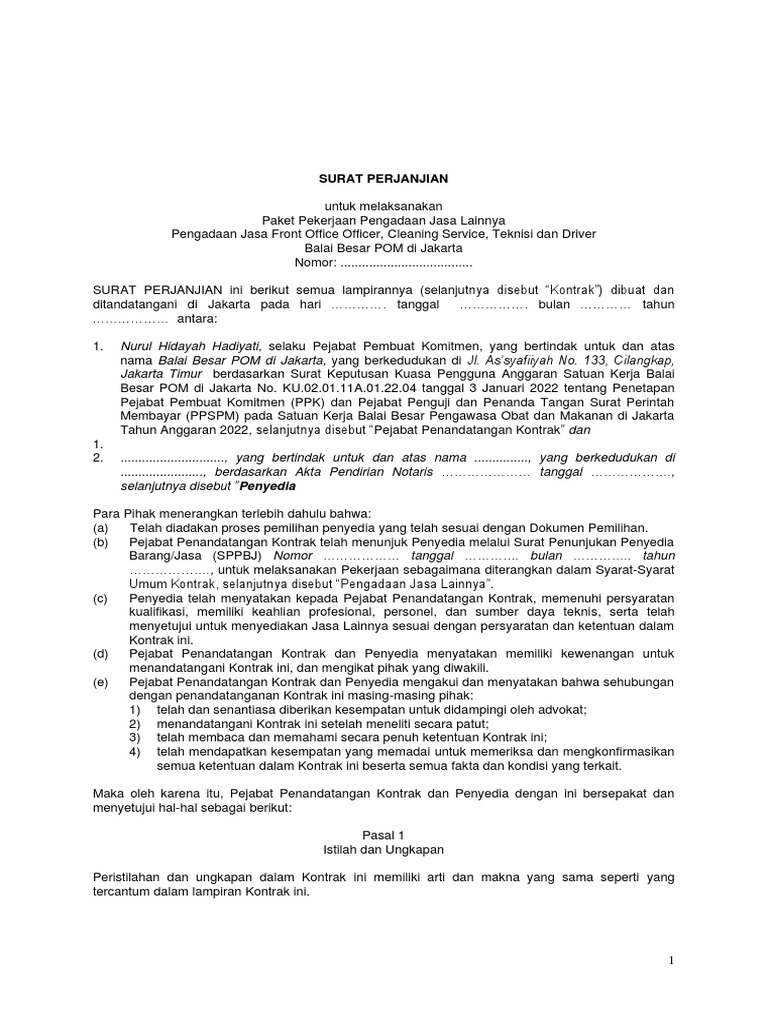 Draft Kontrak Jasa CS DLL 2022 | PDF